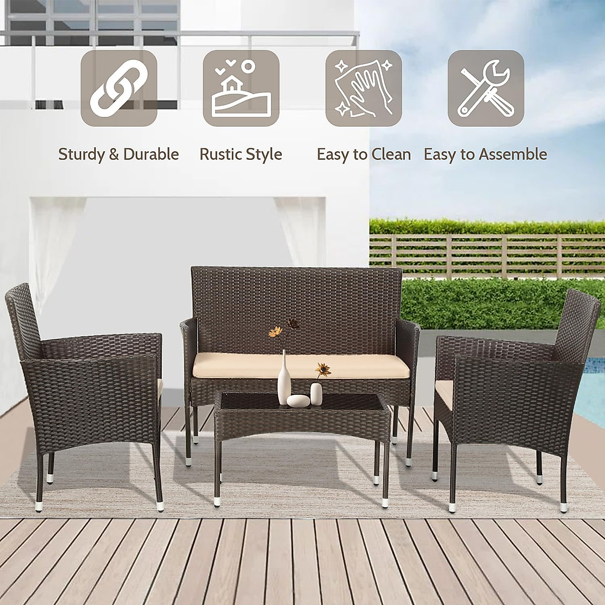 FDW Patio Furniture Set 4 Pieces Outdoor Rattan Chair Wicker Sofa Garden Conversation Bistro Sets for Yard (Brown)