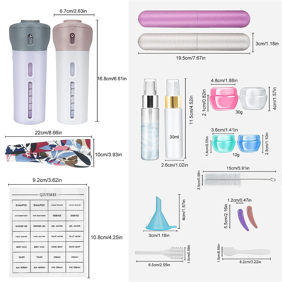 QIUYMEI 19 Pack Travel Bottles Set, Leak Proof Travel Accessories, Refillable Travel Size Toiletries Containers for Shampoo,Sanitizer,Lotions, Skin Care, Makeup Products with TSA Quart Bag