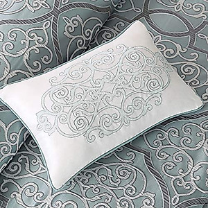 Madison Park LaVine Cozy Bed in a Bag Comforter, Traditional Luxe Jacquard Design All Season Down Alternative Cover with Complete Sheet Set, California King, Blue 12 Piece