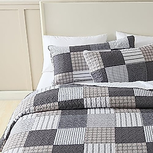 HIARUO Quilt Set Queen Size, 3 Pieces Bedspread Coverlet Plaid Patchwork Quilt Farmhouse Queen Size Comforter Set Lightweight Bedding with 2 Pillow Covers Shams for All Season Gray Brown White