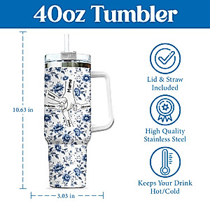 OulaArt Personalized Holding Nana‘s Mama's Hand Tumbler With Handle, Vintage Floral Blue Pattern Tumbler Cup, Mothers Day Gift 2025, Gift For Nana, Mom, Mama, Grandma