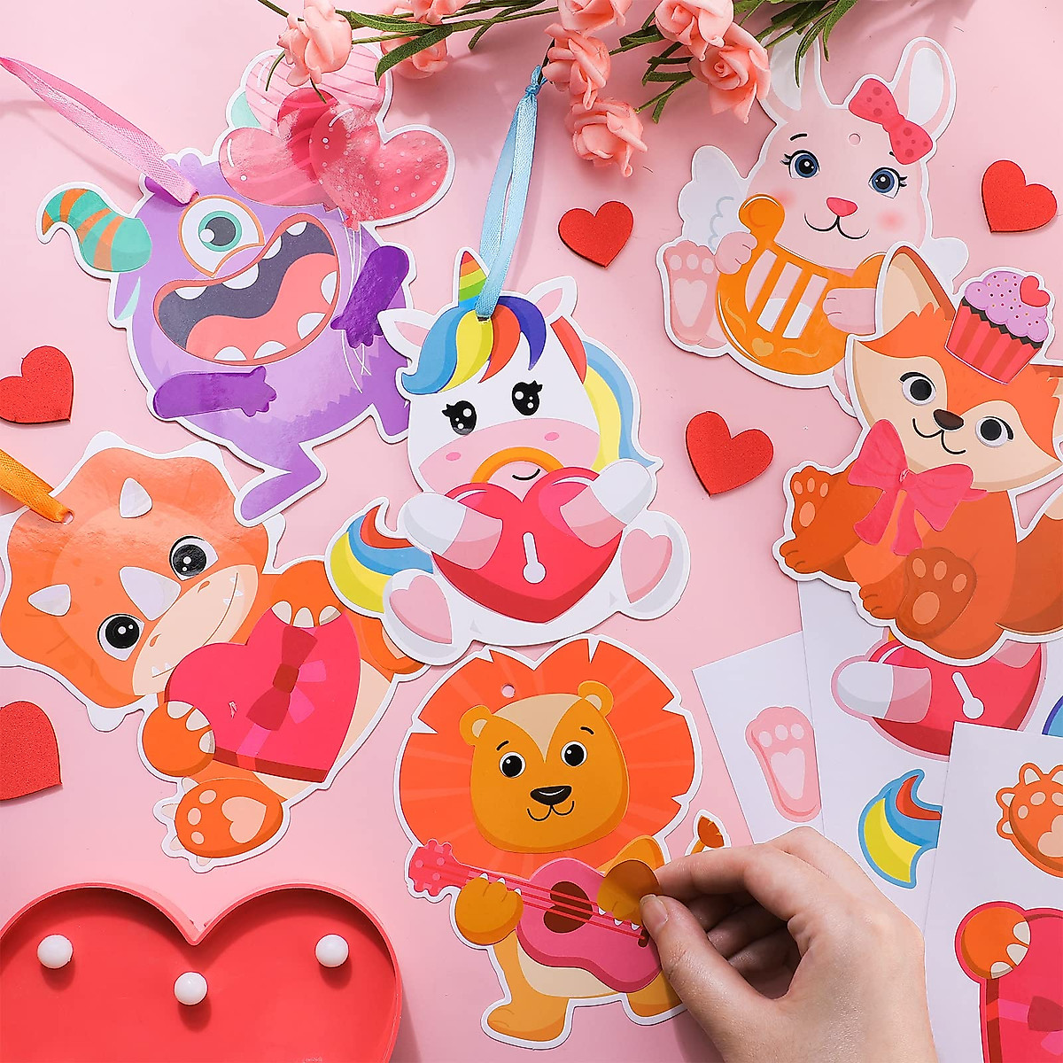 Gersoniel 24 Sets of Valentines Day Craft Kits Valentines Ornament DIY Animals Crafts Valentine DIY Ornaments Stickers for Kids Valentine Class Game Activities and Valentines Day Decorations,6 Styles