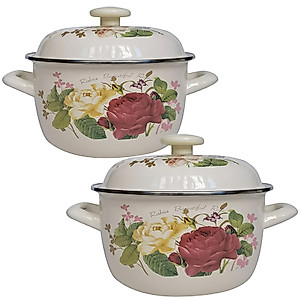 Enamel Pot 12x7 Inch Non- Stick Enamel Stock Pot with Lid and Handles Retro Flower Soup Pot Thicken Enamel Cookware for Home Kitchen Restaurant Pasta Milk Soup L Enamel Stock Pot Soup Pot Pasta Pan