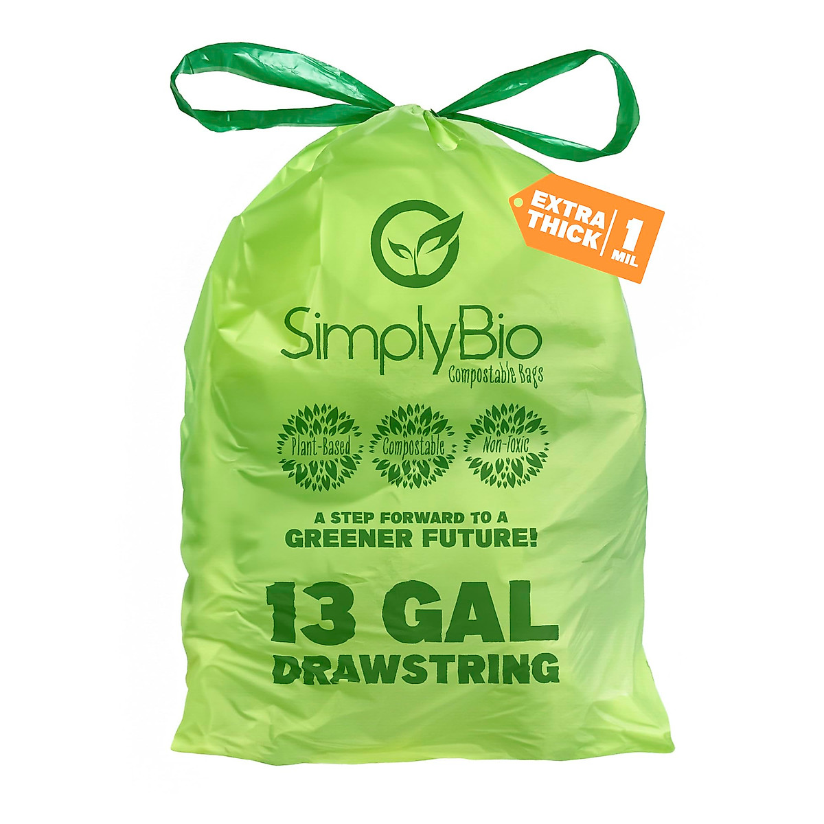 Simply Bio 13 Gallon Compostable Trash Bags Liners Drawstring, Heavy Duty Extra Thick 1 Mil, 49.21 Liter, 30 Bags, Tall Kitchen Food Scrap Waste Bag, ASTM D6400, US BPI and OK Compost Home Certified
