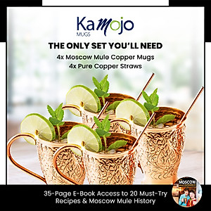 Kamojo Moscow Mule Cups Set of 4 - Premium Moscow Mule Copper Mugs with Unique Embossed Design & Anti-Tarnish, Food-Grade Coating - Copper Cups Gift Set with 4 Copper Straws & Recipe E-Book, 16 oz