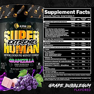 ALPHA LION Superhuman Extreme Pre Workout Powder, Beta Alanine, L-Taurine & Tri-Source Caffeine for Sustained Energy, Nitric Oxide & Citrulline for Pump (21 Servings, Grape Flavor)