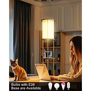 Floor Lamp with Big Shelves,3-Tier Golden Cylinder Shelf Floor Lamps with 3000K Warm Soft Brightness E26 LED Bulb (Included), Linen Shade Storage Wood Texture Modern Floor Lamp with Foot switch