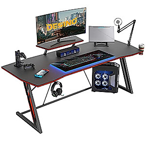 DESINO Gaming Desk 55 inch PC Computer Desk, Home Office Desk Gaming Table Z Shaped Gamer Workstation with Cup Holder and Headphone Hook, Black