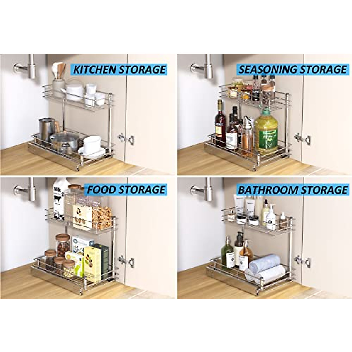 HANKEY Pull-Out Home organizers,Under Sink 2 Tier Pull Out Cabinet Organizer for Kitchen/Bathroom Organizers and Storage- 10.47W x 16.93D x 14.56H，Heavy Duty Metal