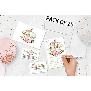 Pumpkin Floral Baby Shower Invitation Set, Books For Baby, Thank You, Diaper Raffle, Fill In Invites Cards,Each Design 25 Cards & Envelopes (Total 100 Cards) – (b011-taozhuang)