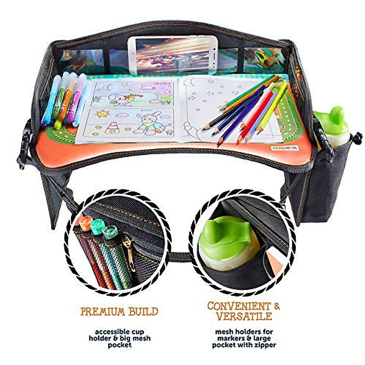 Coolmum Kids Travel Tray, Toddler Car Seat Tray, Double Sided Activity Organizer, Snack Lap Tray, Baby Stroller Tray, Airplane Play Table, Waterproof and Foldable (Premium Black)