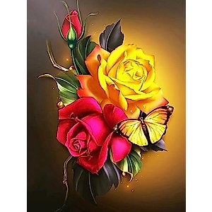 Glowing Butterfly Rose Stamped Cross Stitch Kits-red yellow rose flower Needlepoint Counted Cross Stitch Kits for Beginners Adults Patterns Dimensions Embroidery Kits Arts and Crafts (11CT)/12x16 inch