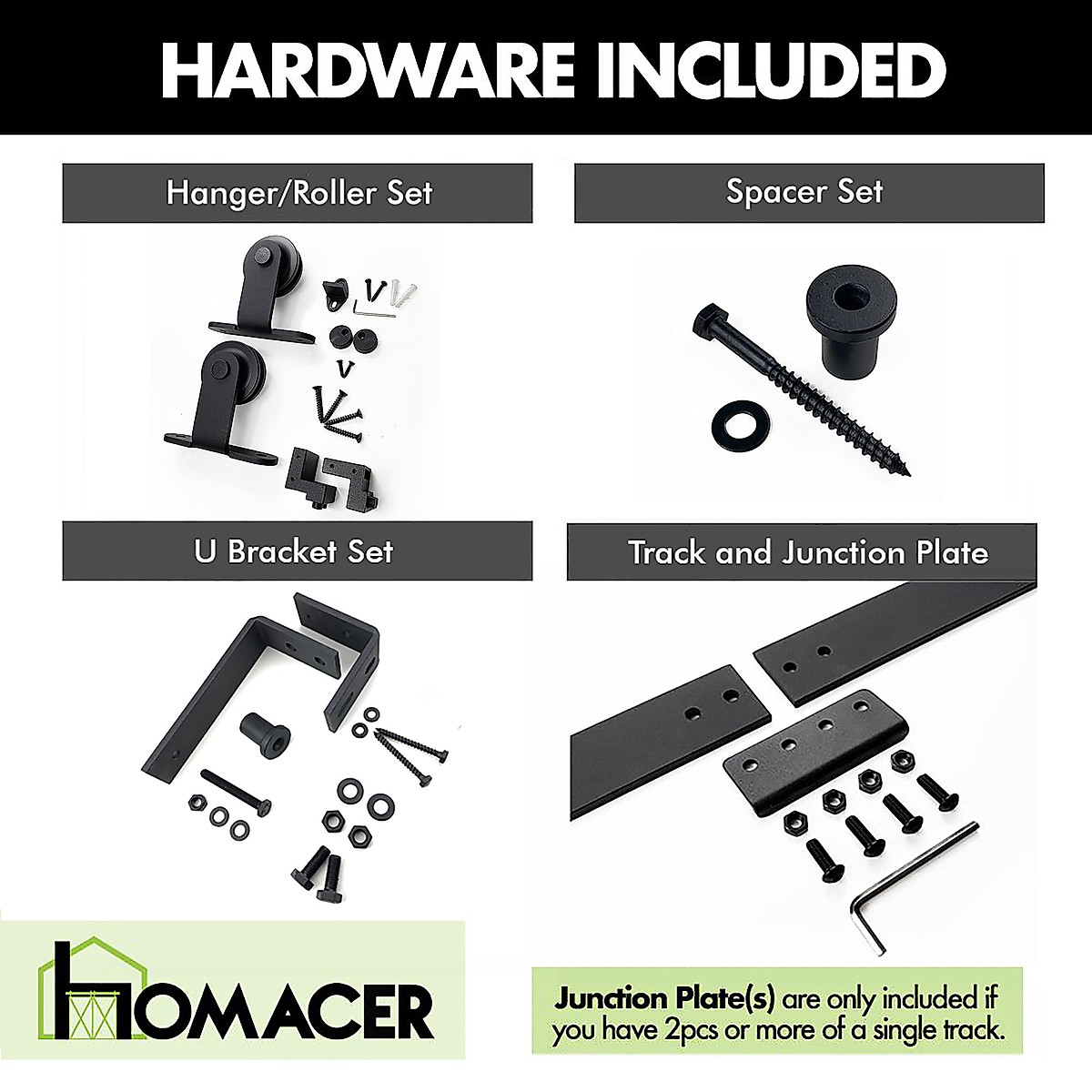 Homacer Black Rustic Double Track U-Shape Bypass Sliding Barn Door Hardware Kit, for Four Doors, 12ft Long Flat Track, T-Shape Design Roller