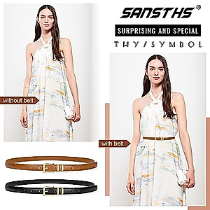 SANSTHS 2 Pack Women Thin Skinny Faux Leather Belt Waist Belt with Metal Pin Buckle for Dress Jeans, Black Brown M
