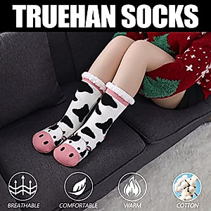 TRUEHAN Slipper Socks for Womens with Grippers Non Slip Winter Warm Fuzzy Fluffy Home Socks (White Cow)