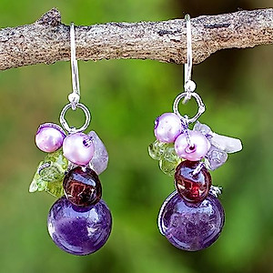 NOVICA Artisan Handcrafted Amethyst Cluster Earrings | Pearl Dangle Earrings | Sterling Silver Earrings | Multi Color Purple Earrings | Natural Healing Crystal Earrings | Thailand Birthstone Bright