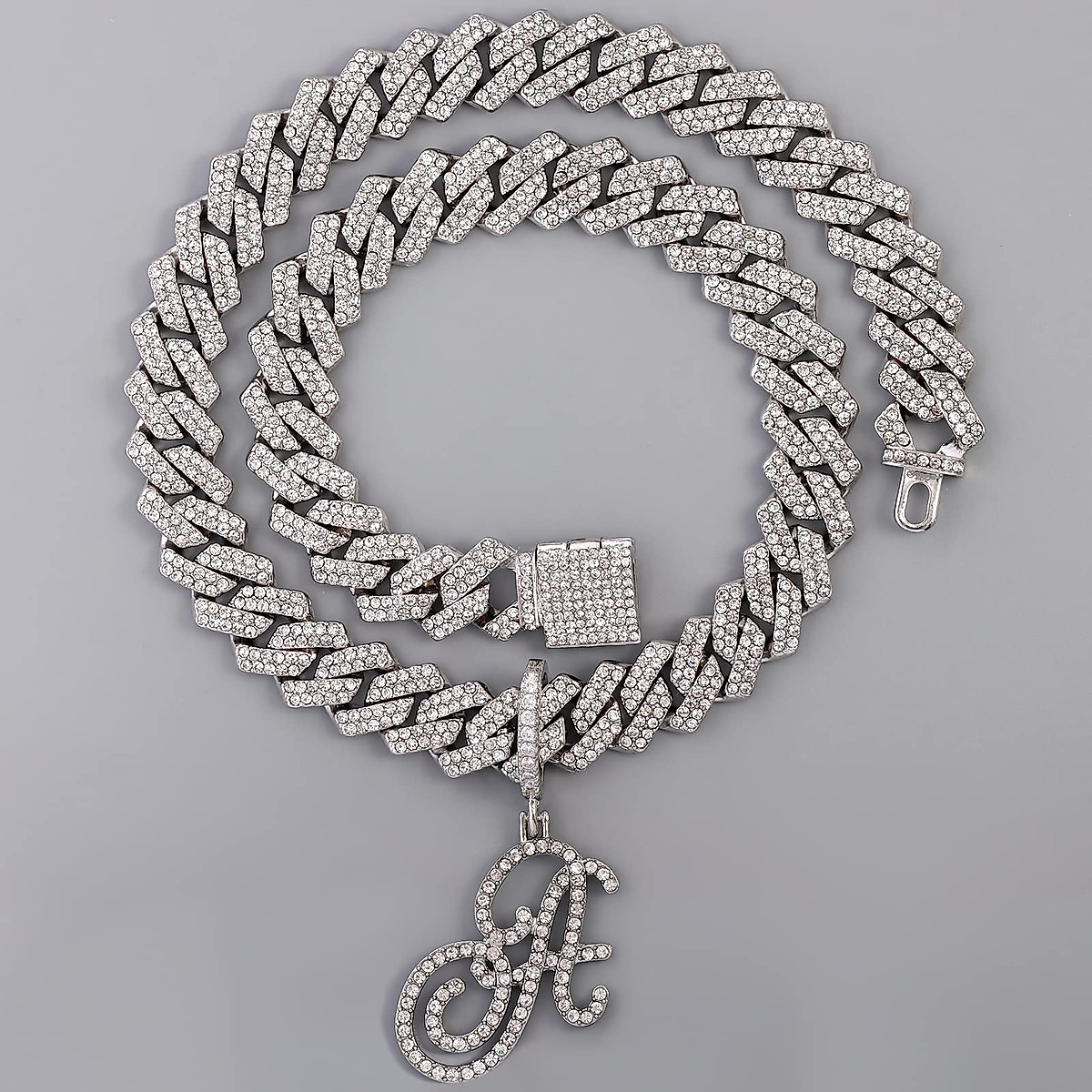 PTJDSMF Gold Silver Plated Initial Cuban Link Chain Necklace for Women Cursive Letter Gold Miami cuban link chain Iced out chain with pendant for women (Silver, A)