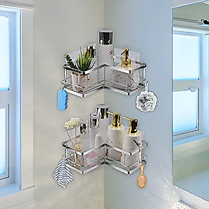 Adhesive Corner Shower Caddy,2 Pack Bathroom Corner Shower Basket Shelf With 6 Hooks Stainless Steel Shower Storage Organizer Shampoo Holder, No Drilling Shower Shelf Basket Bathroom Shelf Rack