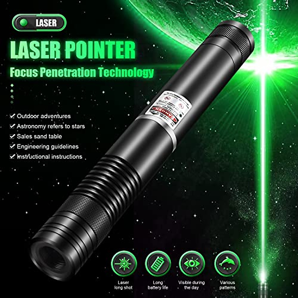 FUOOX Green Laser Pointer High Power Tactical Flashlights, Long Range 20000 Feet Powerful Flashlight with Laser Pointer, USB Rechargeable Laser Pointer for Presentations