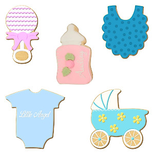 Foose Cookie Cutters Baby Shower Cookie Cutter 5 Piece Set 3.25" Bib, 4" Rattle, 4" Bottle, 4" Baby Body Suit, 4" Carriage, USA