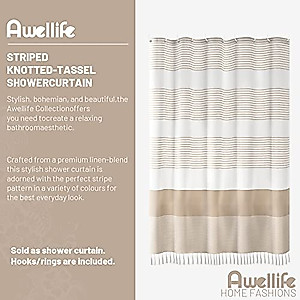 Awellife Boho Beige Shower Curtain for Bathroom Stripe Knotted-Tassel Shower Curtain 72 X 72 Inches Natural Linen