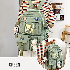 srdmuph Kawaii Backpack with Cute Accessories Pin Pendant Travel Laptop Bag Large Outdoor Waterproof Casual Daypack Women (Green)