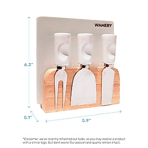 Wamery Cheese Knife Set - 3 Stainless Steel Cheese Knife Set for Charcuterie Board and Small Ceramic Cheese Cutting Board with Magnetic Wooden Holder Portable for Pairing with Wine Meat Fruit