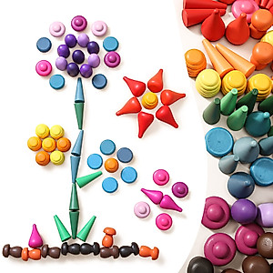 Promise Babe 81 PCS Loose Parts Play Materials Wooden Rainbow Stacking Toy for Toddlers, Preschool Learning Educational Shape Sorting Sensory Play Montessori Toys with 7 Shapes, 27 Colors