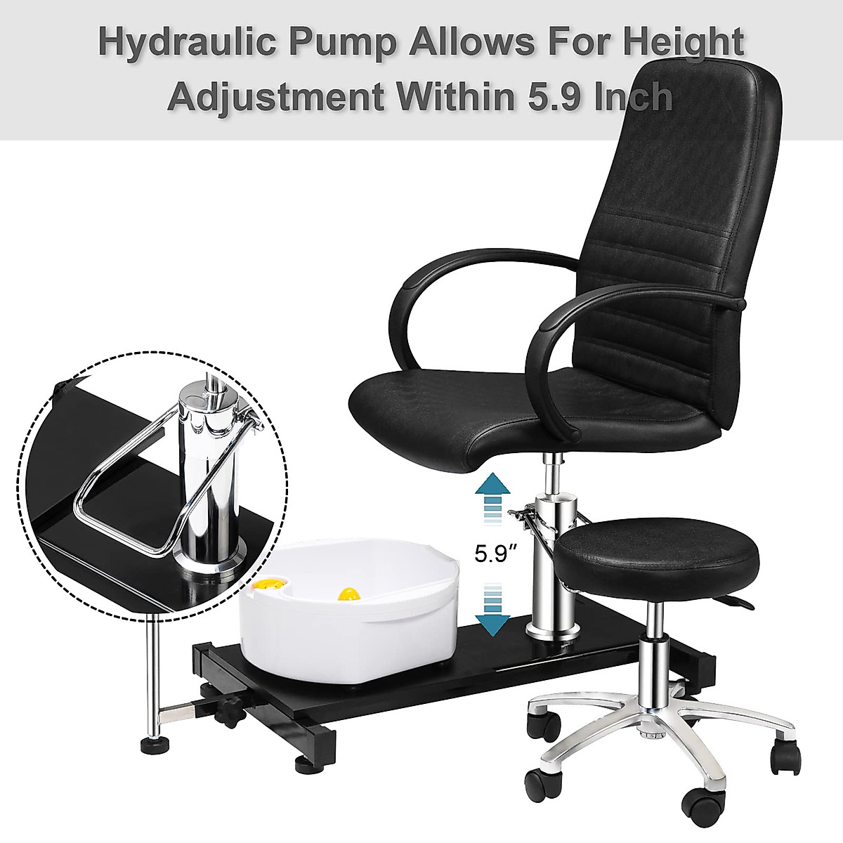 OmySalon Pedicure Chair with Stool & Bubble Massage Foot Bath, Hydraulic Pedi Chair for Nail Tech, Beauty Spa Salon Unit Station Technician Supplies