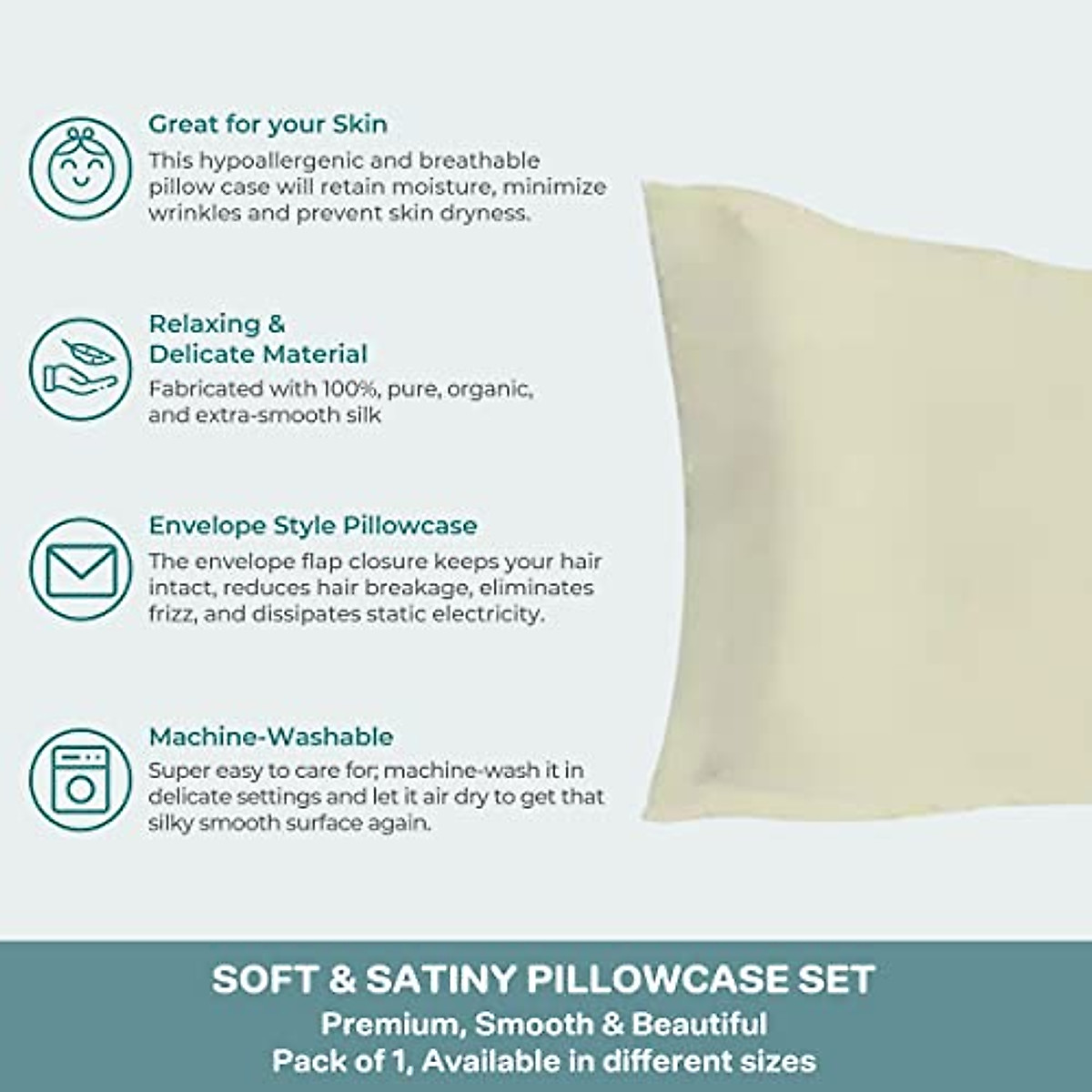 Spasilk Pure Silk Pillowcase, Charmeuse Silk Pillowcase, Hypoallergenic Pillowcase, King Sized, Ivory