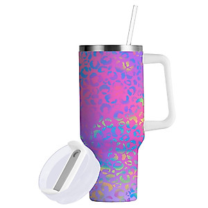 Bright Neon Leopard Tumbler with Handle and Straw Lid, Holographic Gradient 30 oz Insulated Coffee Cup Stainless Steel Water Bottle Travel Mug Cupholder Friendly,Gifts for Women Men