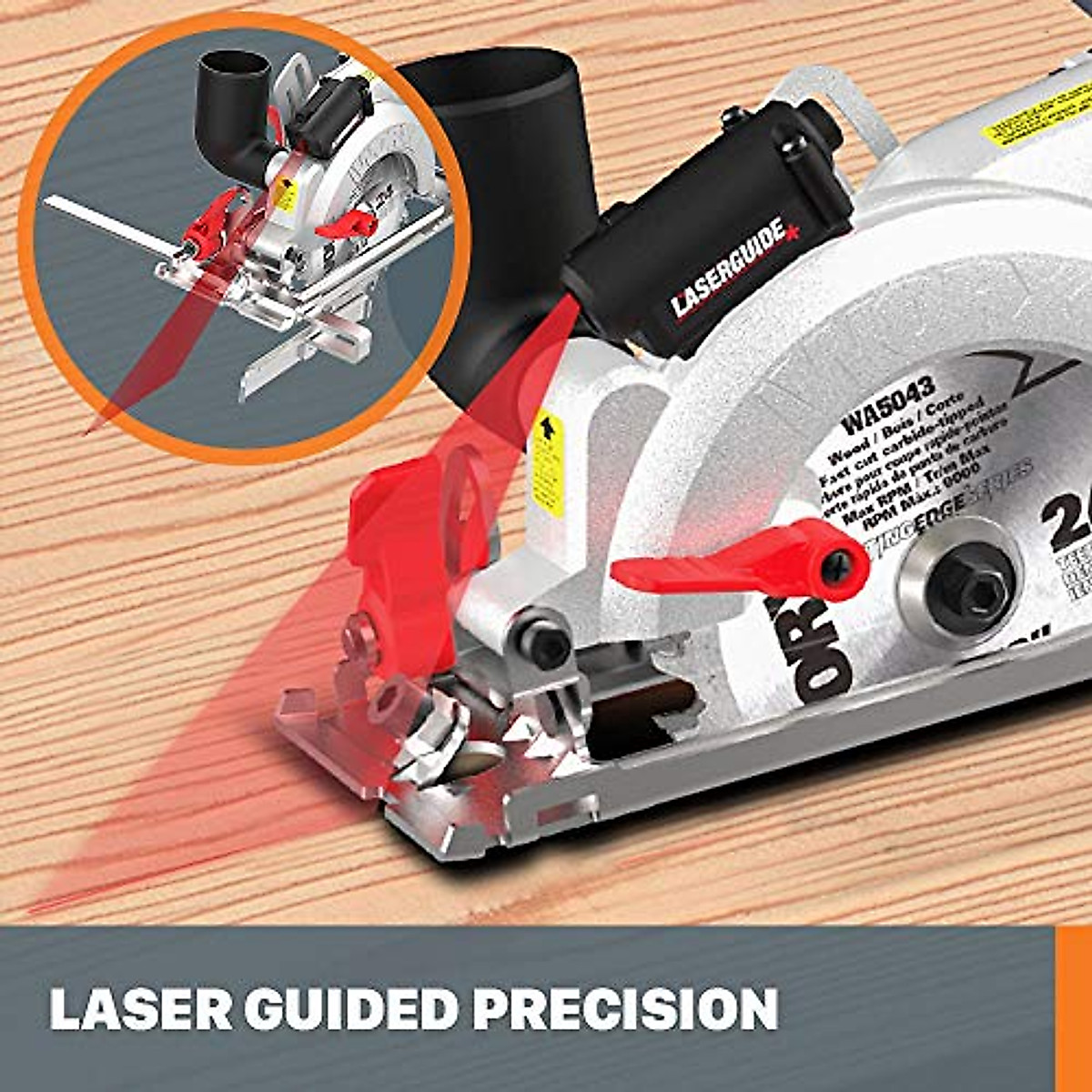 WORX WX427L 6A 4-1/2" Compact Circular Saw, Hand-Held Corded Electric Circular Saw w/Laser Cutting Guide, 6 Saw Blades, Ideal for Wood, Plastic & Metal Cutting