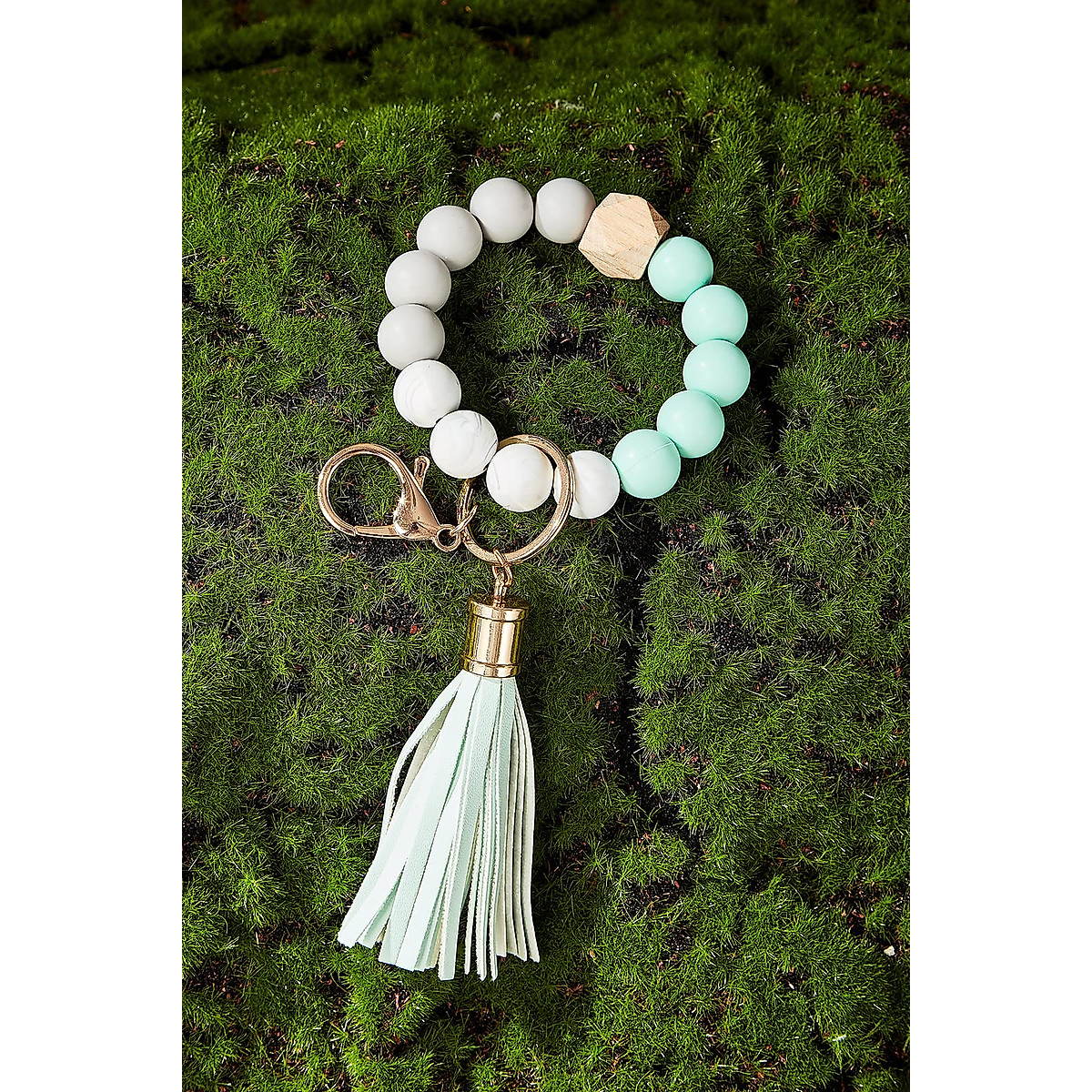 FindFun Women Silicone Beads Key Ring Chain Wristlet Keychain Bracelet Leather Tassel Bangle（Blue）