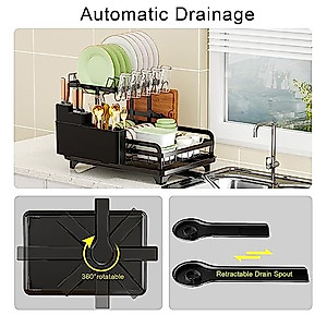 Mr Rabbi Dish Drying Rack, 2-Tier Dish Rack for Kitchen Counter, Dish Drainer Organizer with Utensil Holder, Metal Dish Drying Rack with Drain Board,Black