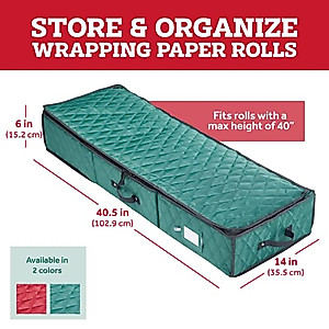 ZOBER Wrapping Paper Storage Containers - 40.5x14x6 Inch, Quilted, Duffle Bag-Style Gift Wrap Organizer and Storage Bag w/Wheels, Zipper and Double Handle for Christmas Decorations - Red