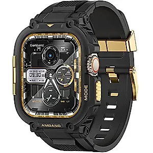 amBand Bands Case Screen Protector Compatible with Apple Watch Ultra 49mm, M1 Sport Series Rugged Cover Strap and 2 Pack Tempered Glass Film, Military Protective Bumper for iWatch 49 mm Men Black Gold