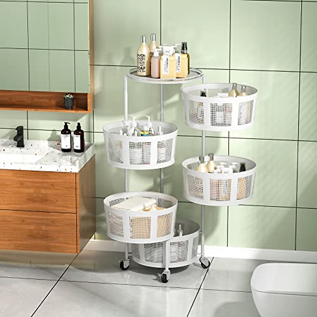 Flesser Rotating Baskets Storage Rack 5 Tier Round Kitchen Rolling Cart with Wheels White Fruit Vegetable Baskets Organizer Stand for Bathroom,Bedroom