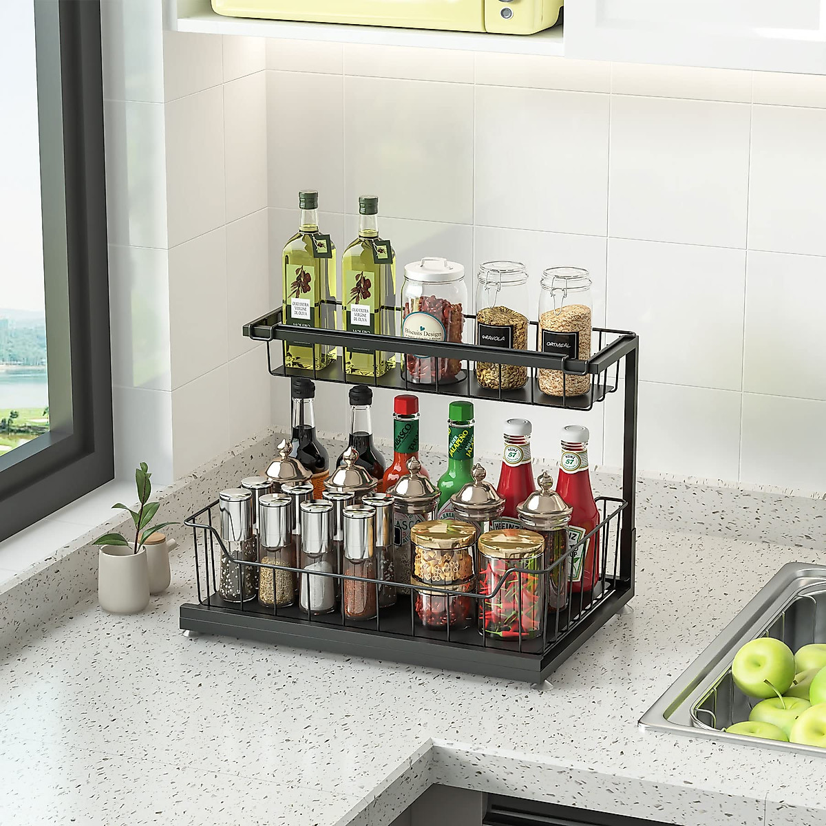 Hounyoln Under Sink Organizer and Storage,2-Tier Metals Kitchen Cabinet Organizer Pull-Out Sliding Cabinet Basket Storage Organization,for Kitchen/Bathroom/Laundry Space Saver