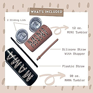 Lucky Love Mama + Mini Stainless Steel Cups for Kids and Adults - 3D Printed Leopard Insulated Tumblers with Lids and Straws Making This Mom Mug and Toddler Straw Cup Spill Proof (White Retro)