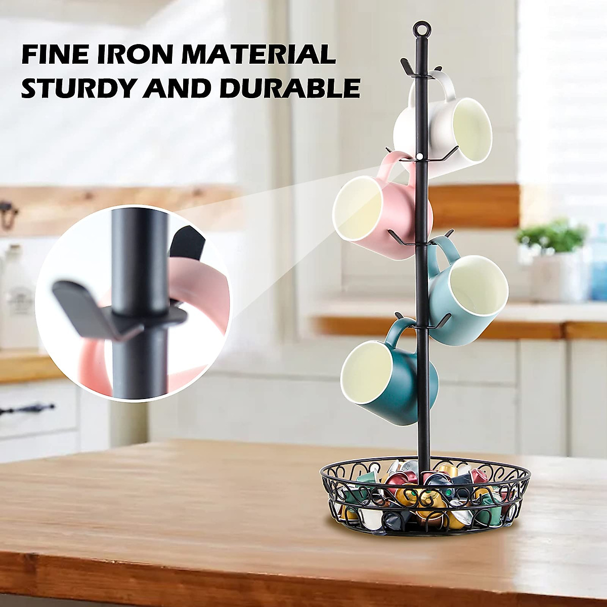 Coffee Mug Holder Stand with 8 Rotatable Hooks, Capsule Storage, Multipurpose Mug Holder, Coffee Station Organizer, Mug Tree for Kitchens, Offices, Parties & More, Black, 10.2(L)x10.2 (W)x24.4(H)inch