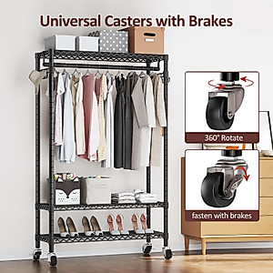 ZERDER Metal Clothing Rack for Closet, Heavy Duty Clothes Rack with 1 Hanging Rods,3 Tiers Shelves and Side Hooks, Freestanding Garment Rack