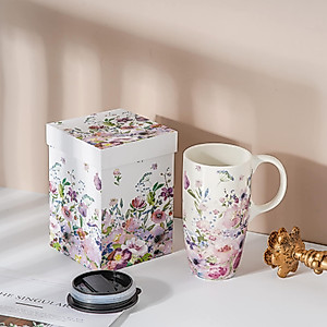 Topadorn Ceramic Coffee Mug Gift for Home & Office, 17oz. Porcelain Latte Travel Cup with Lid and Color Box, Pink Flower Art Tea Mug with Handle, 6.5" H