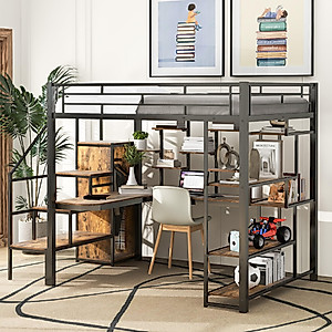 Full Size Metal Loft Bed with Storage Staircase and Small Wardrobe, Heavy Duty Loft Bed Frame with Built-in Desk and Storage Shelves for Kids Teens Boys Adults, Maximize Space Saving (Black-7.17)