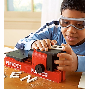 PLAYmake Kids’ 4-in-1 Woodshop Carpentry Cool Tool with Jigsaw, Lathe, Drill Press, Sander, Power Supply, Safety Goggles, Extra Supplies, and Deluxe Project Book