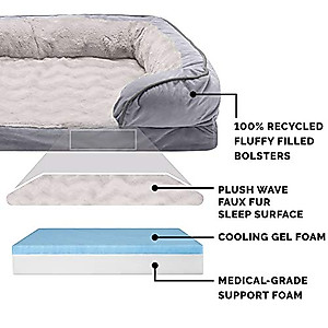 Furhaven Cooling Gel Dog Bed for Large Dogs w/ Removable Bolsters & Washable Cover, For Dogs Up to 95 lbs - Plush & Velvet Waves Perfect Comfort Sofa - Granite Gray, Jumbo/XL, 40.0"L x 32.0"W x 9.5"Th