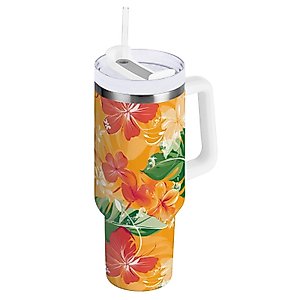 ALAZA Tropical Floral Yellow 40 oz Tumbler Water Bottle with Straw Lid and Handle,Reusable Insulated Stainless Steel Cup for Women Men Travel Car Cup Holder