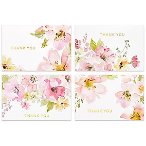 Crisky Watercolor Flower 4 Assorted Gold Foil Thank You Cards (50 Pack) with Envelopes & Stickers Printable Greeting Cards Bulk for Birthday, Baby Shower, Bridal Shower, Wedding, All Occasion