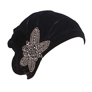 YiYi Operation Women's Stretch Velvet Turban Hat Cancer Chemo Beanie Beaded Flower Hair Wrap Cap Headwear (Black)