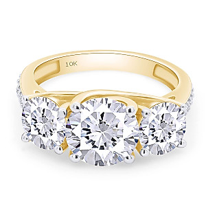 SAVEARTH DIAMONDS Three Stone Design, 3.40 Cttw Center 8MM Round Cut Lab Created Moissanite With Accents Engagement Ring In 10K Solid Yellow Gold (VVS1 Clarity) Size-6.5