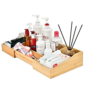 SZMJ-SN Bamboo Wood Countertop Organizer Bin Storage Box, Expandable 13.8"-22.8", for Organization Kitchen, Bathroom, Pantry, Office, Etc